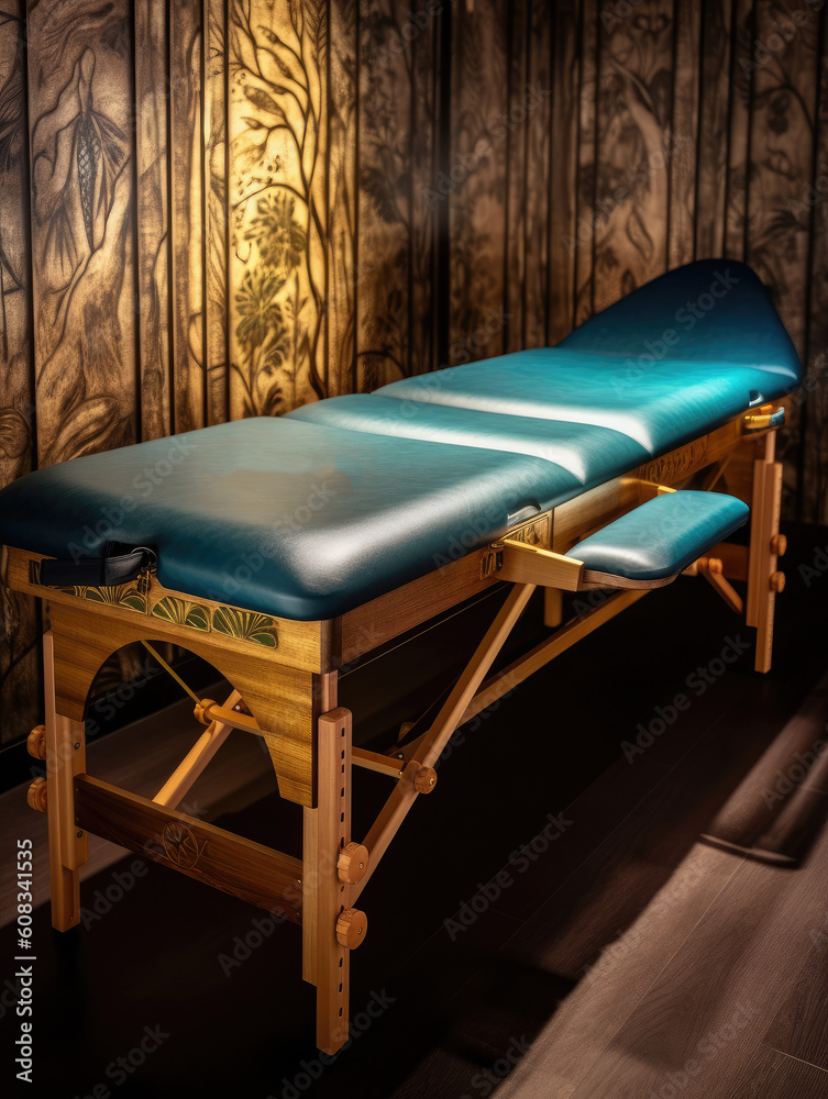 Massage table in a dark room with wood paneling on the wall. Generative ...