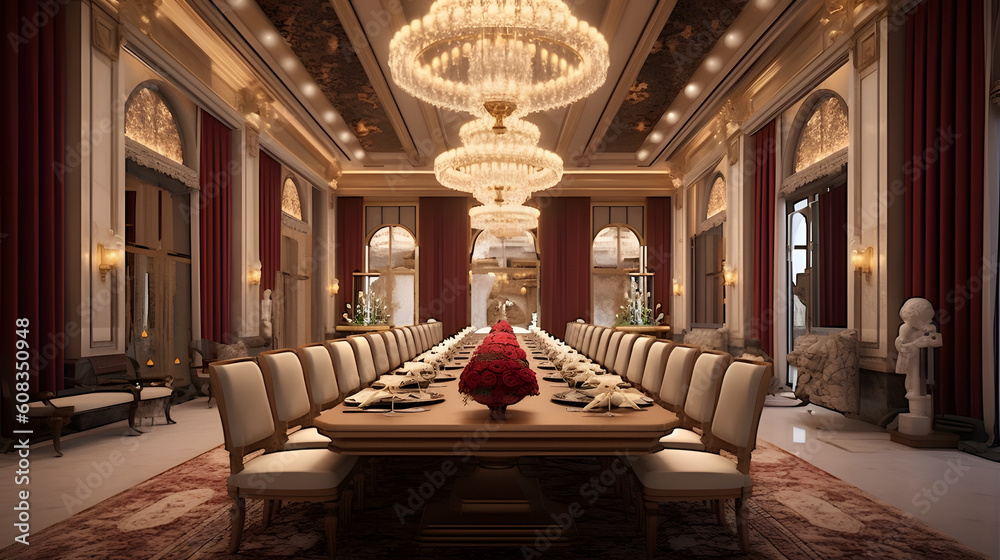Grandeur of a luxurious dining hall, with a long dining table, ornate ...