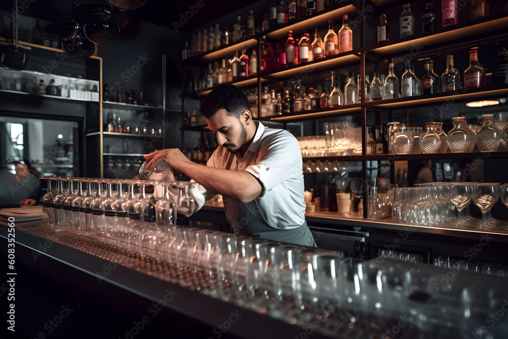 A bartender polishing glassware and organizing the bar counter ...