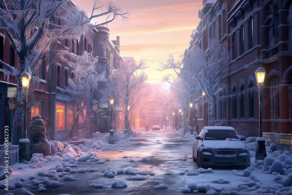a frozen city street, with buildings, streetlights, and vehicles ...