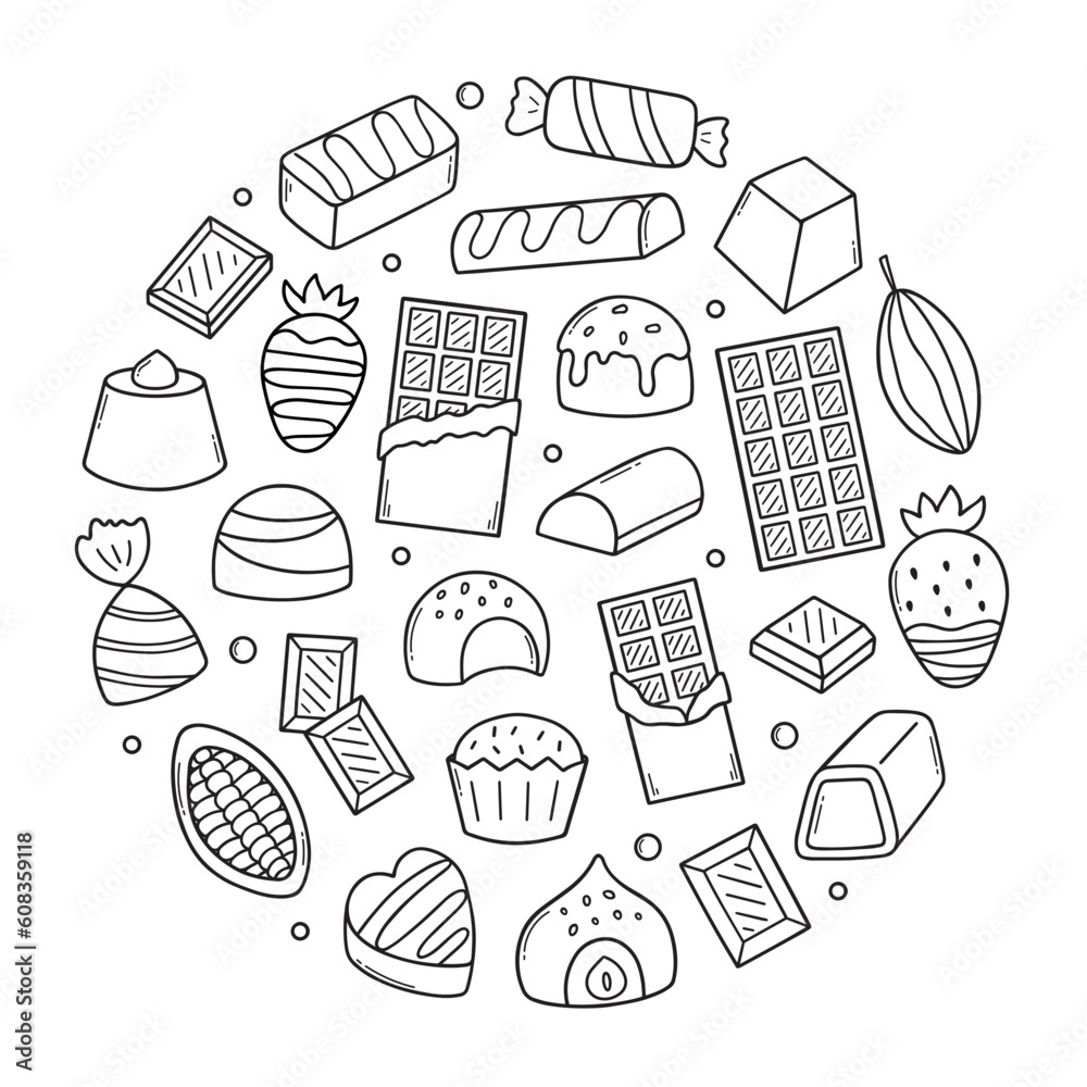 Chocolate doodle set. Different kinds of chocolate. Cocoa bean ...