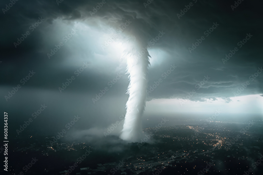 Tornado funnel and lightning over field during thunderstorm, created ...