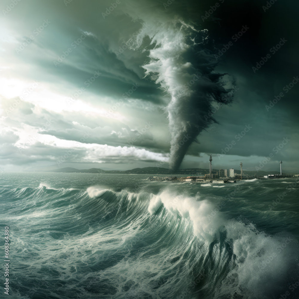 Tornado funnel and lightning over field during thunderstorm, created ...