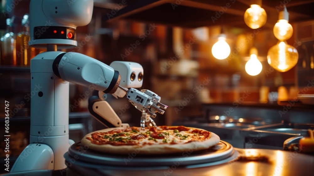 A robot is making a pizza with a pizza cutter. Generative AI image ...