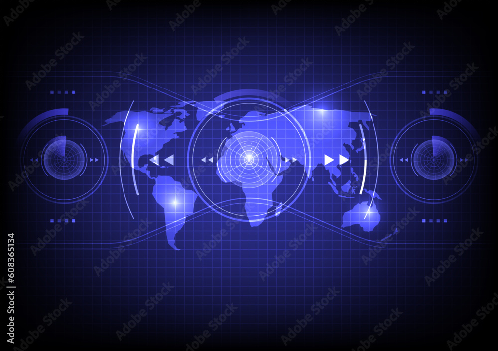 World map blue background futuristic circle radar HUD, Radar scan ...
