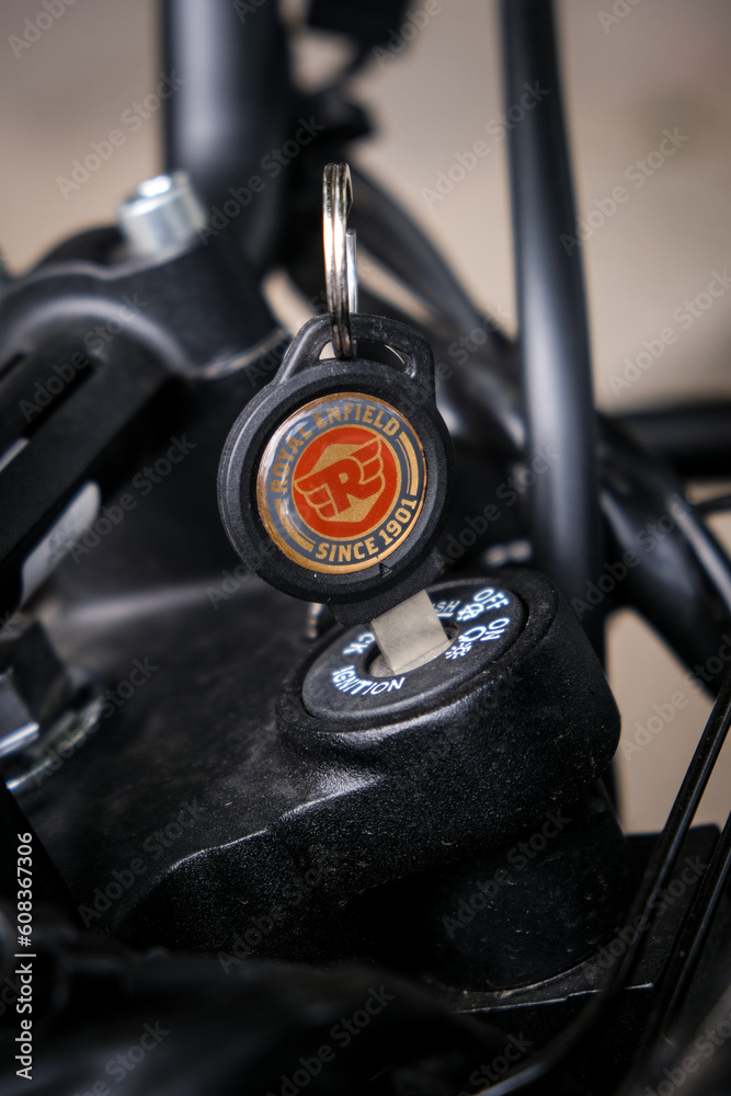 BUCHAREST, ROMANIA - MAY 31,2023: Royal Enfield motorcycle key with ...