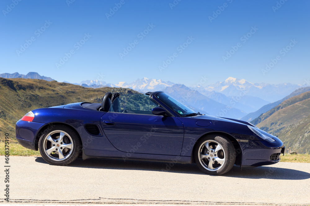 Realp, Switzerland - August 13, 2022: Blue roadster Porsche Boxster 986 ...