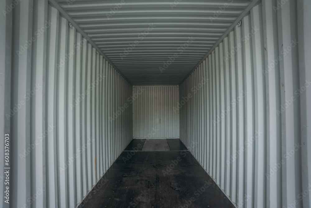 Empty inside cargo container at a harbor. Logistics concept inside the ...