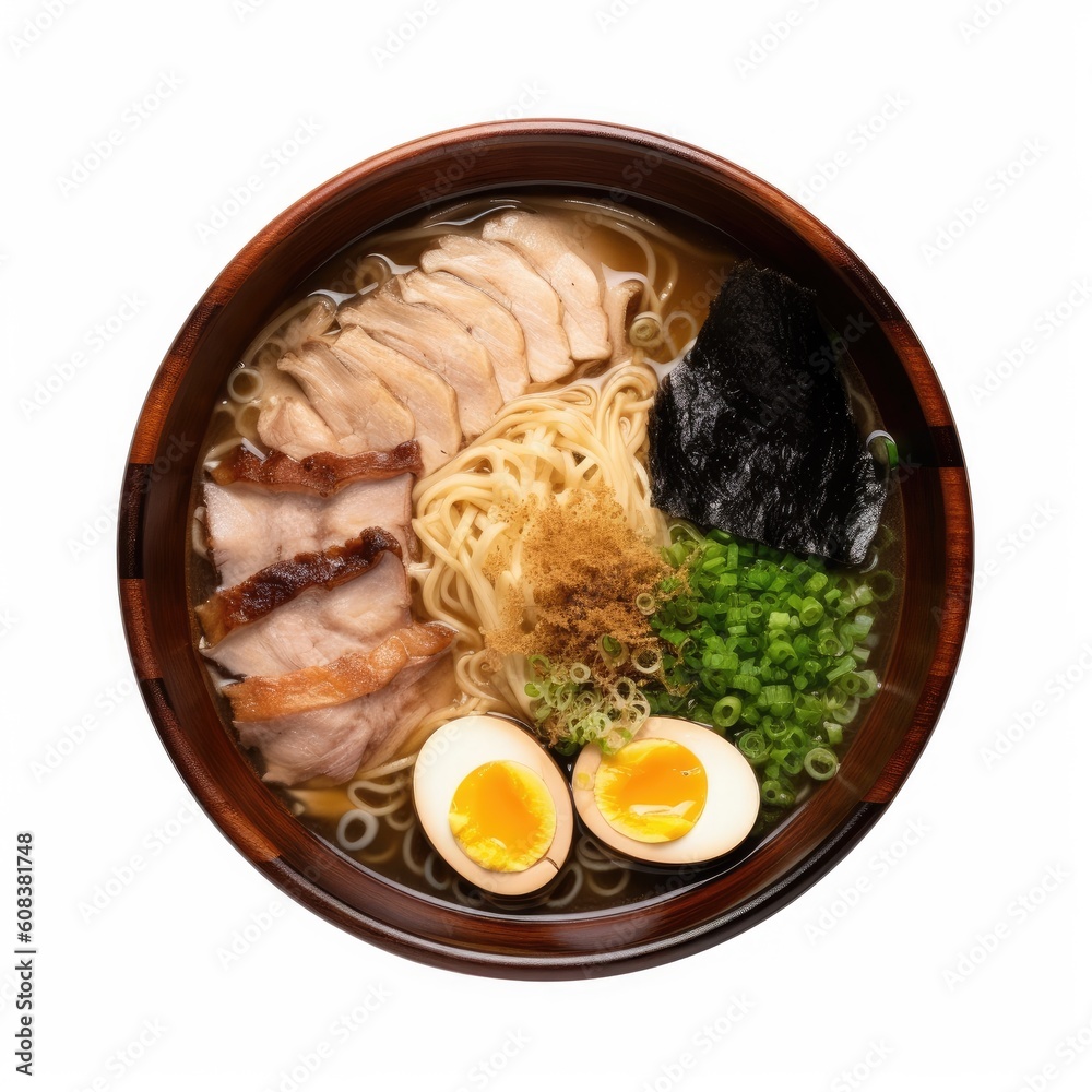 Onomichi Ramen Shoyu based with fish and pork isolated on white ...