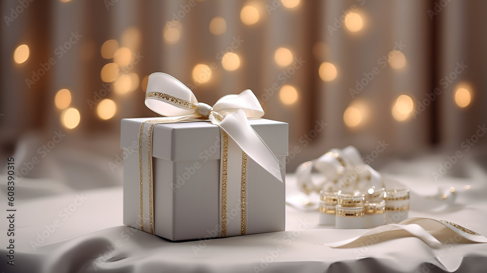 White gift, White and Gold gift box, white and golden ribbon, luxury ...