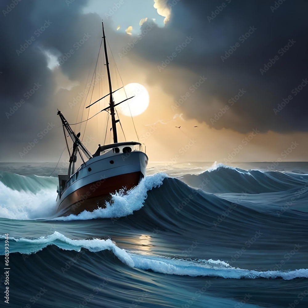 fishing boat navigating during a storm. Thunder, rain big waves on the ...