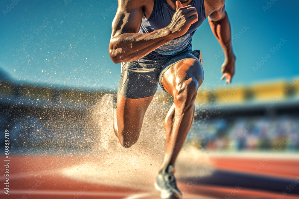 Athlete runner feet running on a treadmill in a stadium. Close-up of a ...