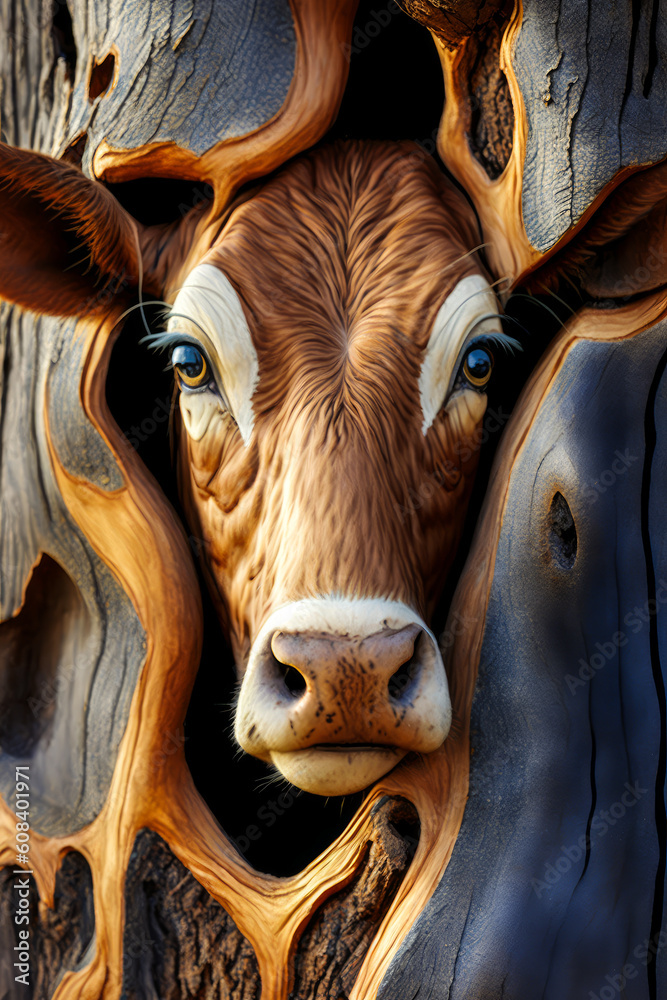 Captivating carved divine cow face in ancient tree trunk, evoking ...
