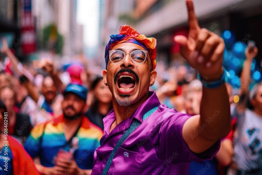 Man in rainbow headdress and purple shirt on Pride parade. Concept of ...