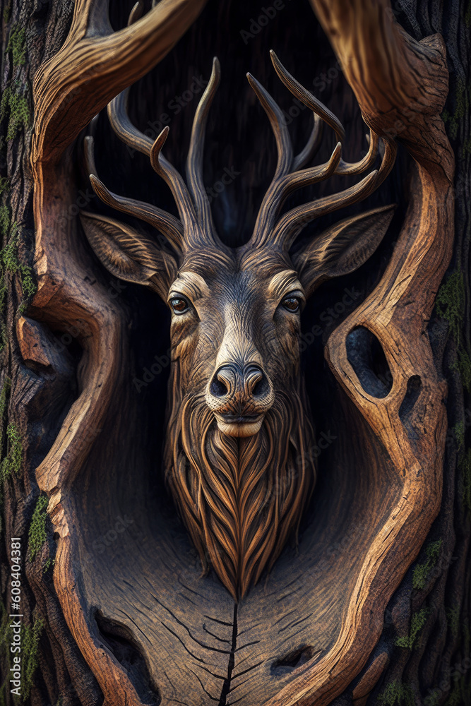Captivating divine deer-faced hunting god, intricately carved into a ...