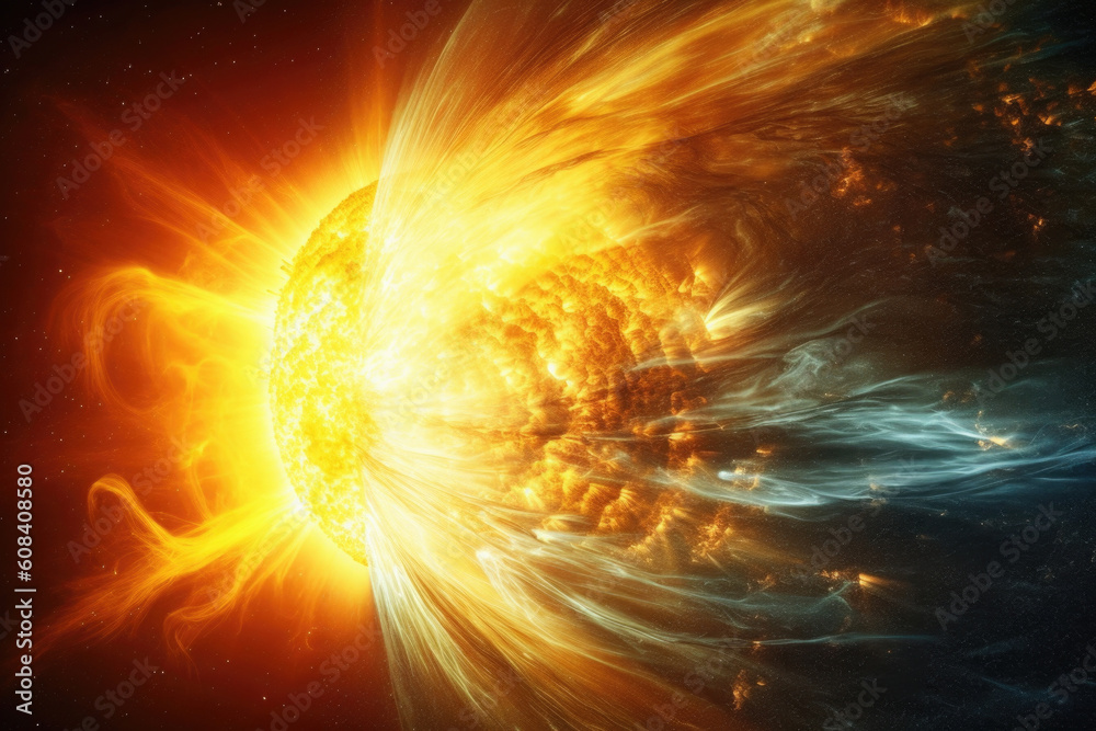 Surface of sun with prominences, solar radiation and magnetic storm ...