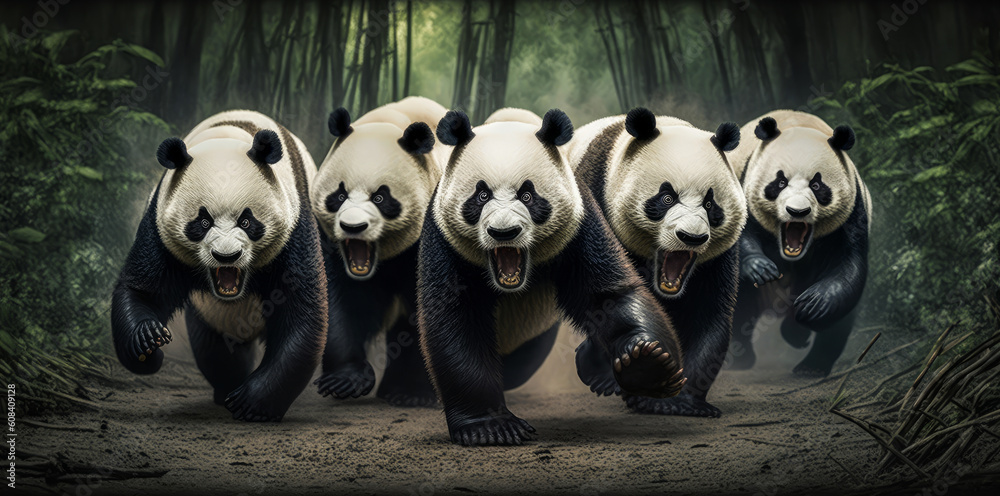 Captivating image of 5 fierce pandas charging towards the viewer amidst ...
