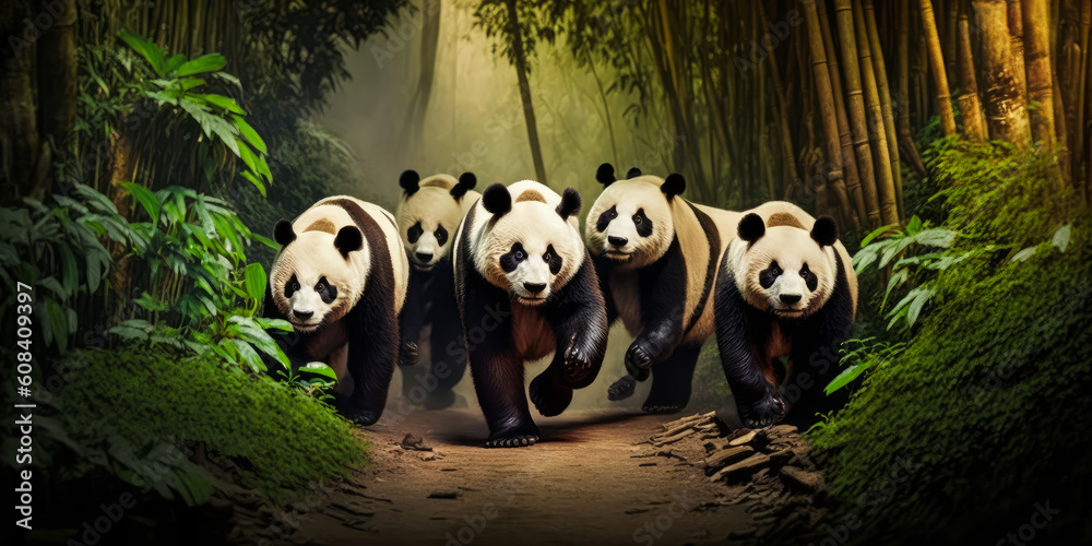 Captivating image of 5 fierce pandas sprinting towards viewer amidst a ...