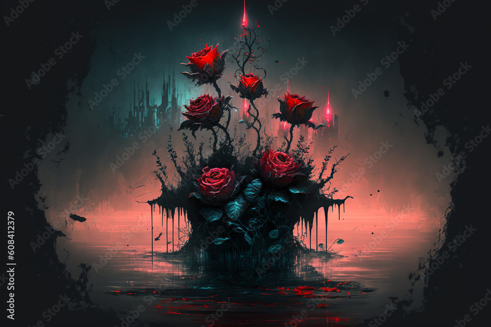 Gothic Horror Red Rose Tattoo with Smudged Black Spilled Frame. The ...