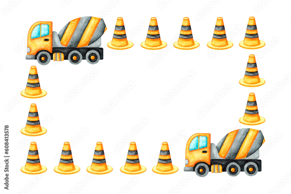 Concrete mixer watercolor frame, border. Construction vehicle. Building ...