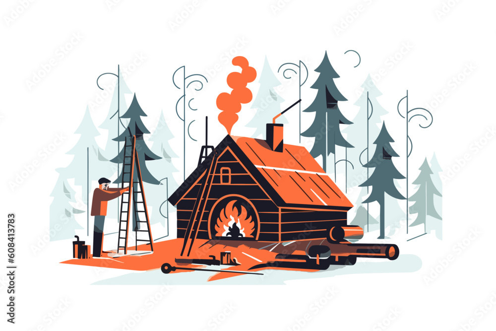 Doodle inspired Logger setting up a logging camp, cartoon sticker ...