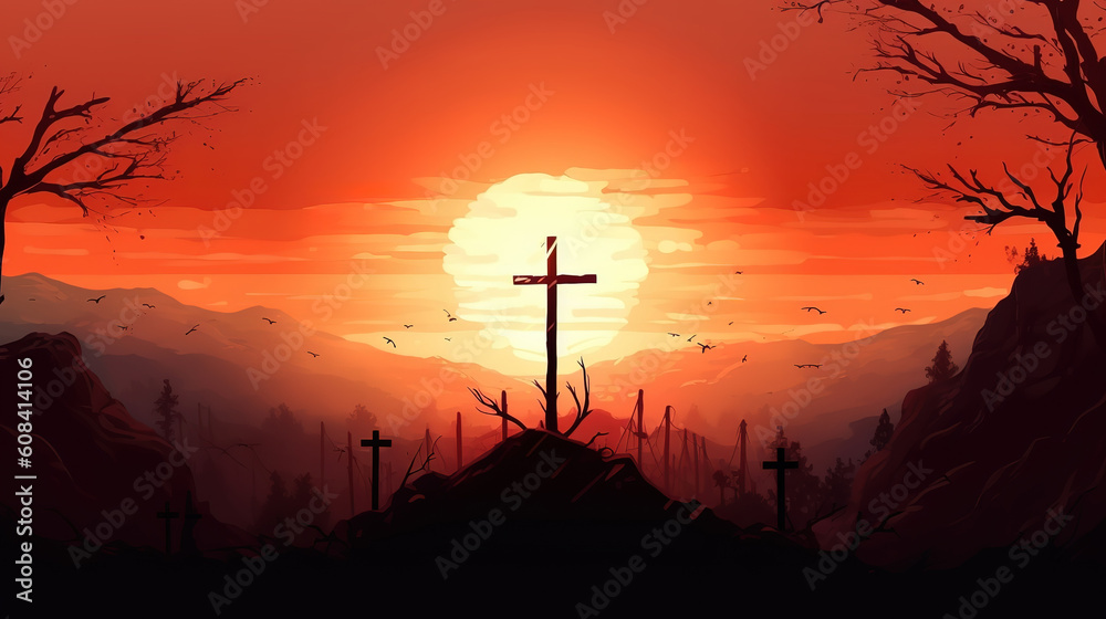 Cross of jesus christ break barrier wire on calvary sunset background ...