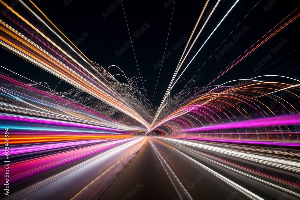 High speed effect motion blur night lights white, blue red. Futuristic ...