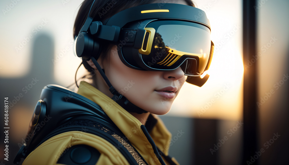 Virtual reality meets the future with a woman wearing futuristic ...