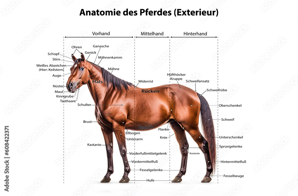 Anatomie des Pferdes (Exterieur). Generative AI mit hinzugefügtem Text ...