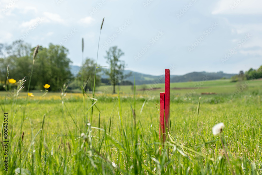 staking out a stake on a building plot before the start of construction ...