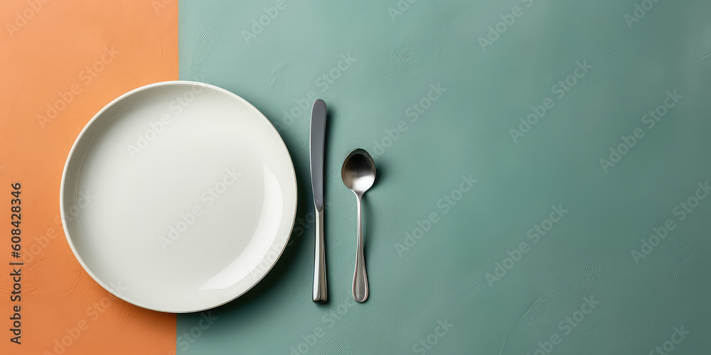 Top view of an empty white plate with cutlery isolated on a flat pastel ...