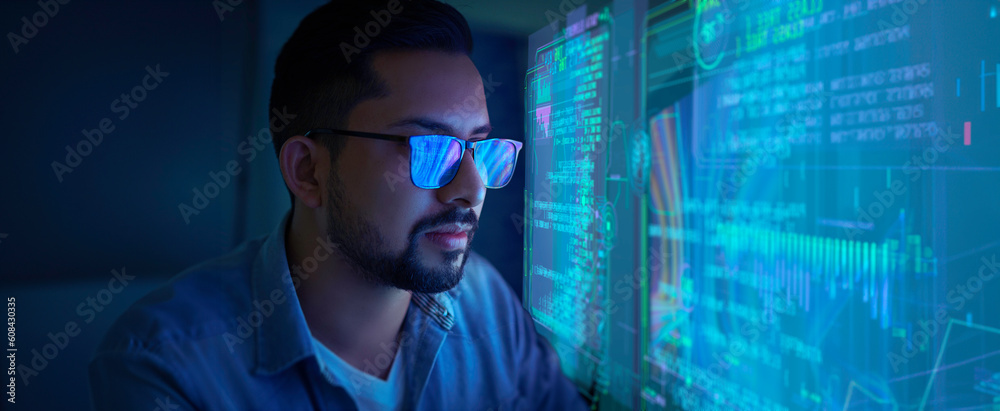 Cyber security network. Data protection concept. Man using VR with ...