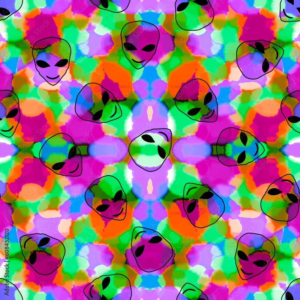 Cartoon aliens seamless paint neon spots pattern for wrapping paper and ...