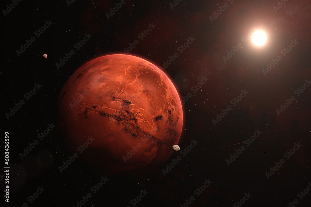Mars, moons and nebula. Beautiful planet Mars seen from space. Space ...
