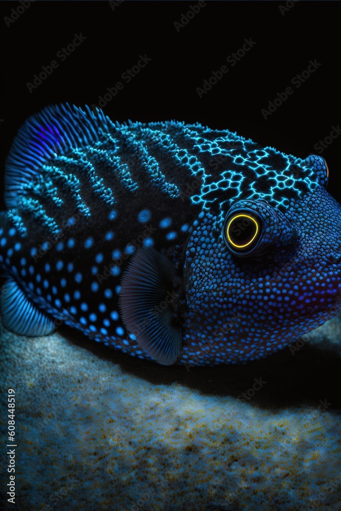 A stunning bioluminescent puffer fish, a mixture of vantablack and ...