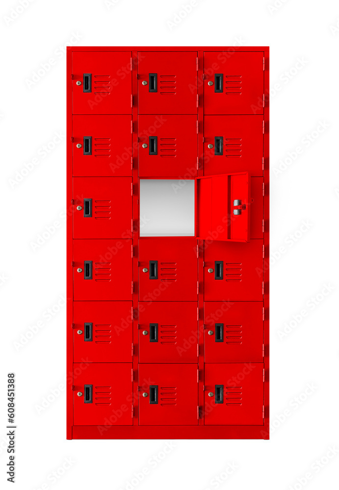 Deposit red locker boxes or gym lockers inside of a room with one ...