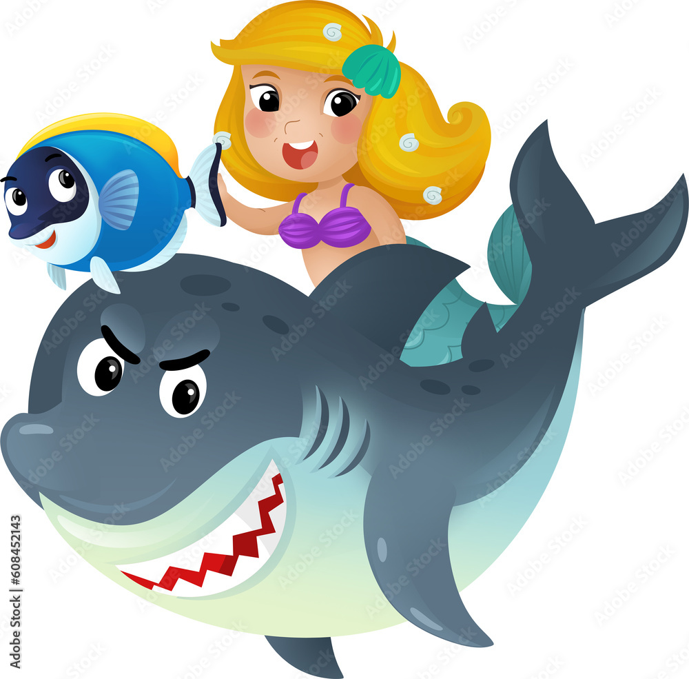 cartoon scene with mermaid princess and shark swimming together having ...