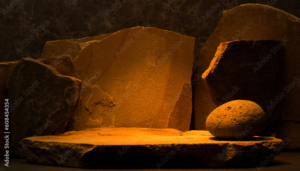 podium stones for product presentation background on orange gold ...