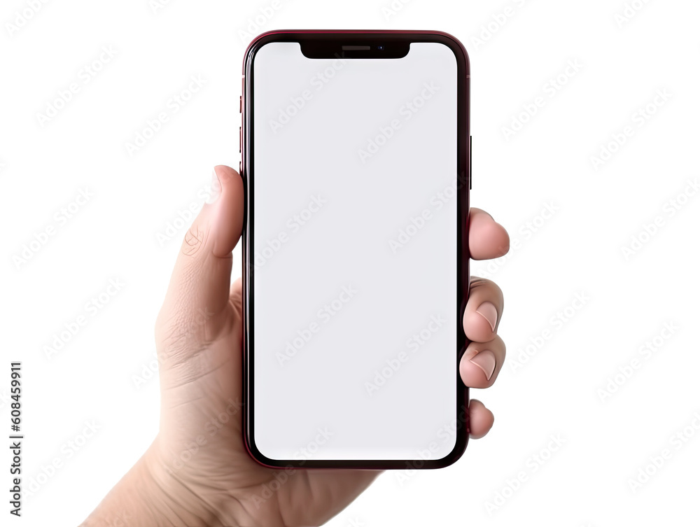 person hand holding smartphone with white screen on Transparent ...