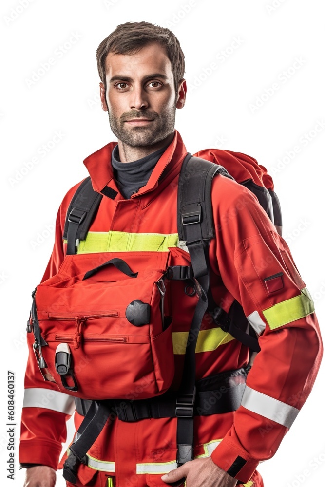 Professional male paramedic in uniform over isolated white background ...