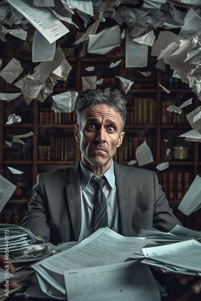 Stressful lawyer in the office with paperwork everywhere.Generative AI ...
