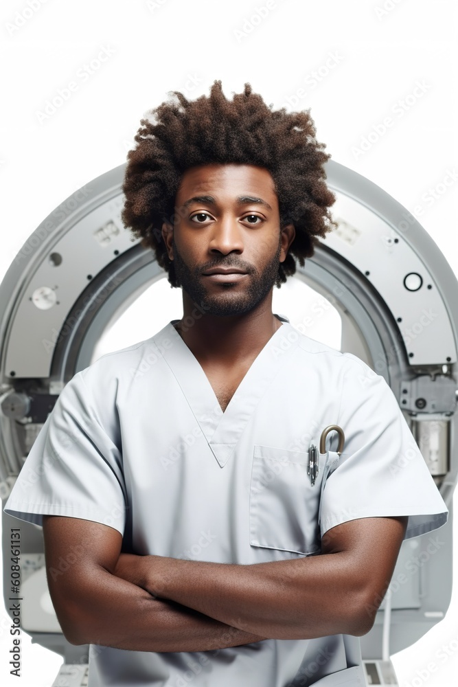 African American male radiologist with x ray machine behind over white ...