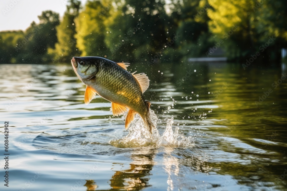 A fish jumping out of the water at a lake created with generative AI ...