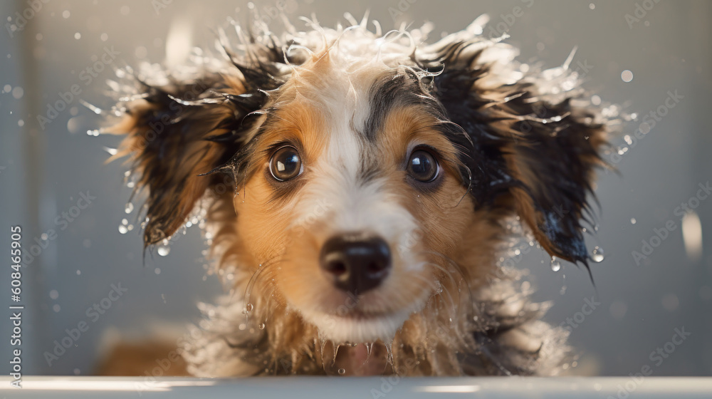 Baby puppy dog taking a bath full of soap foam created with generative AI technology Stock ...
