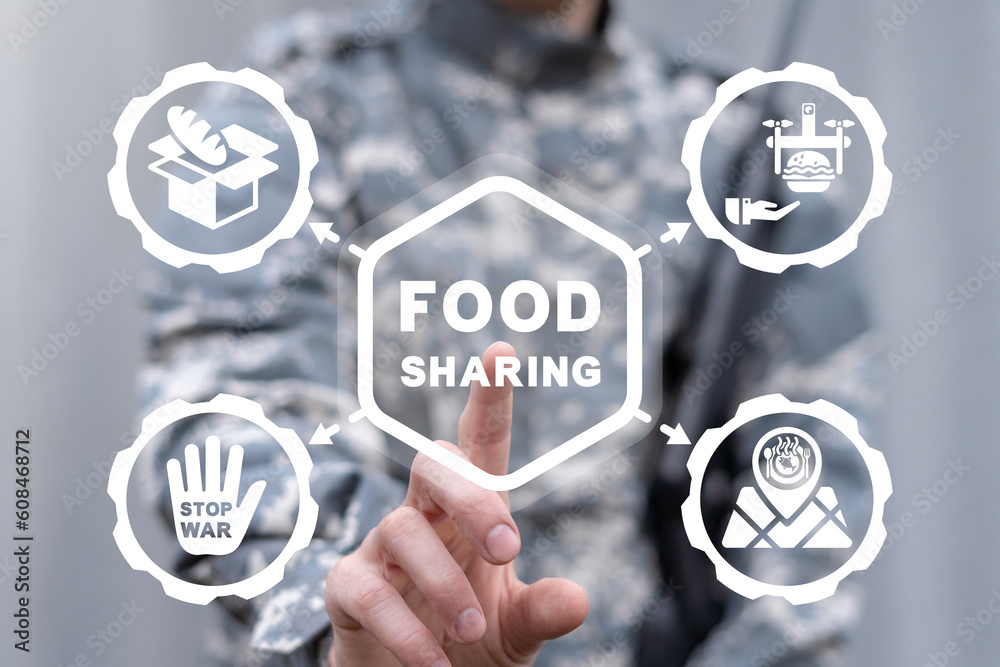 Soldier peacemaker using virtual touchscreen presses inscription: FOOD ...