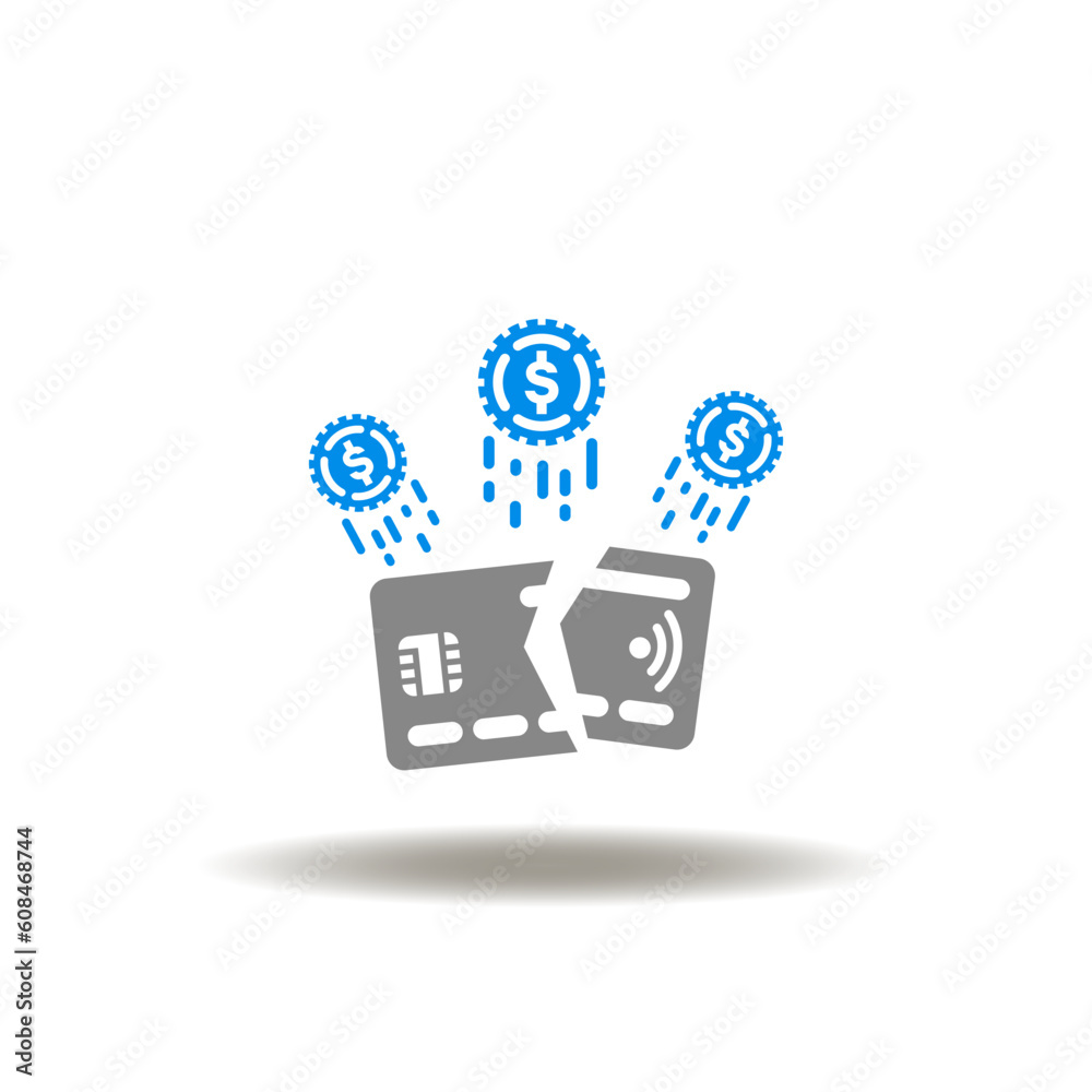 Vector illustration of credit card broken and flying off coins. Symbol ...