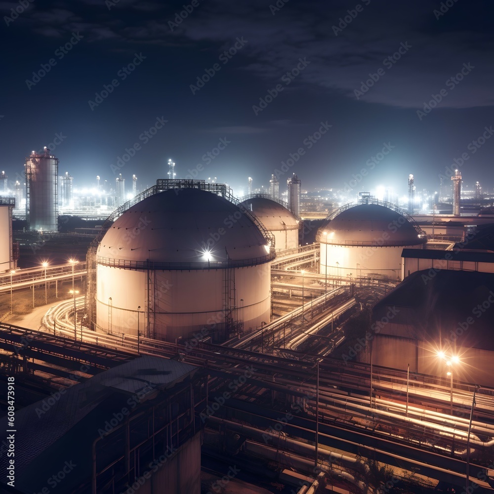 gas tank with oil refinery background at night, Business petrochemical ...