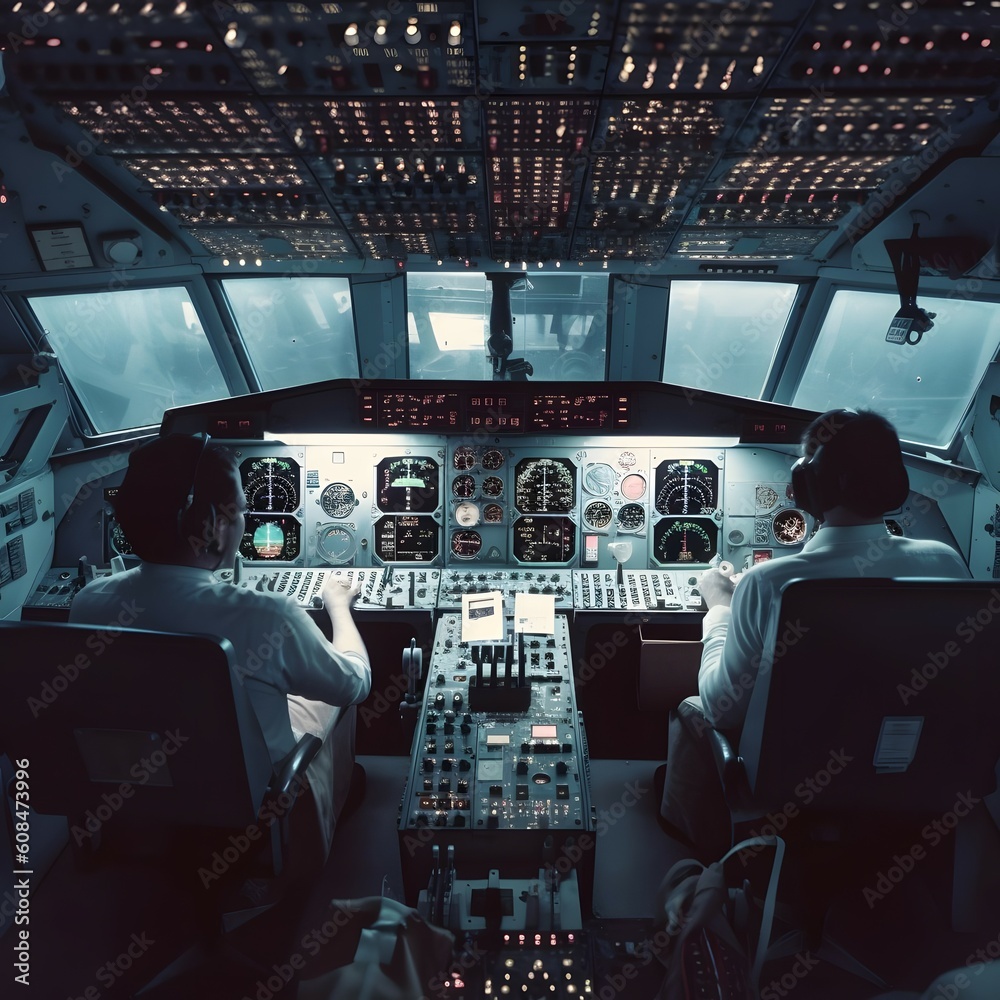 General view of the cockpit of a commercial flight simulator, with two ...