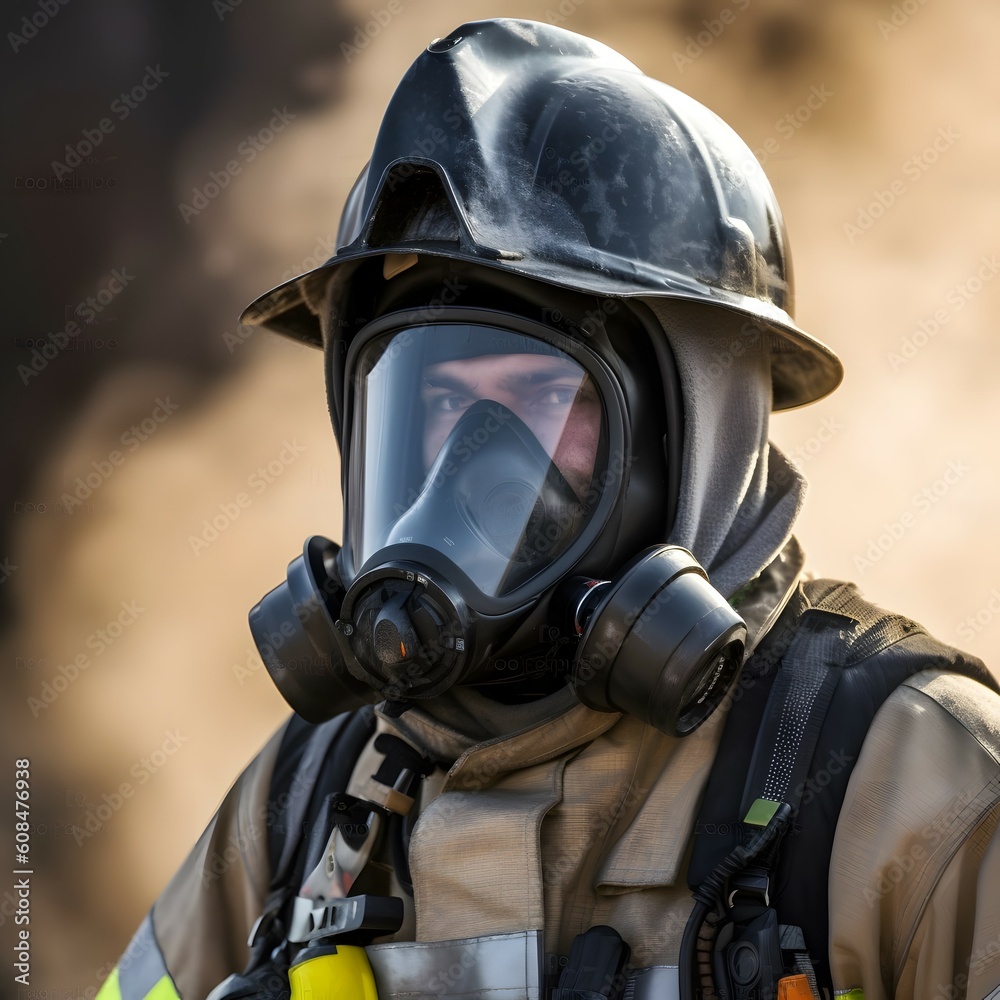 firefighter faces a big task. He is equipped with heavy respiratory ...