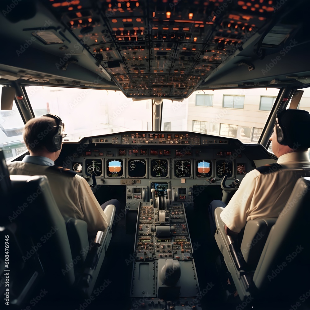 General view of the cockpit of a commercial flight simulator, with two ...